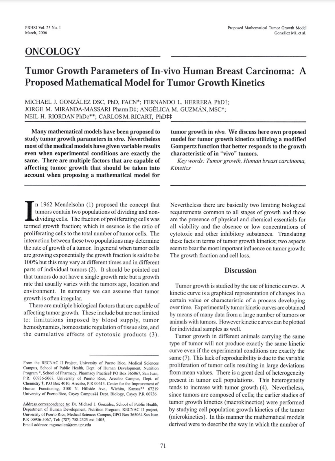 Tumor Growth Parameters Of In-vivo Human Breast Carcinoma: A Proposed ...