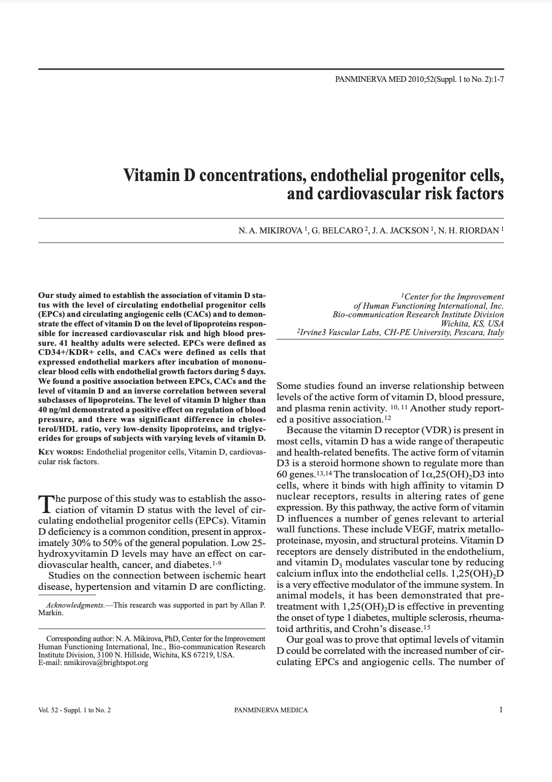 Vitamin D Concentrations, Endothelial Progenitor Cells, And ...