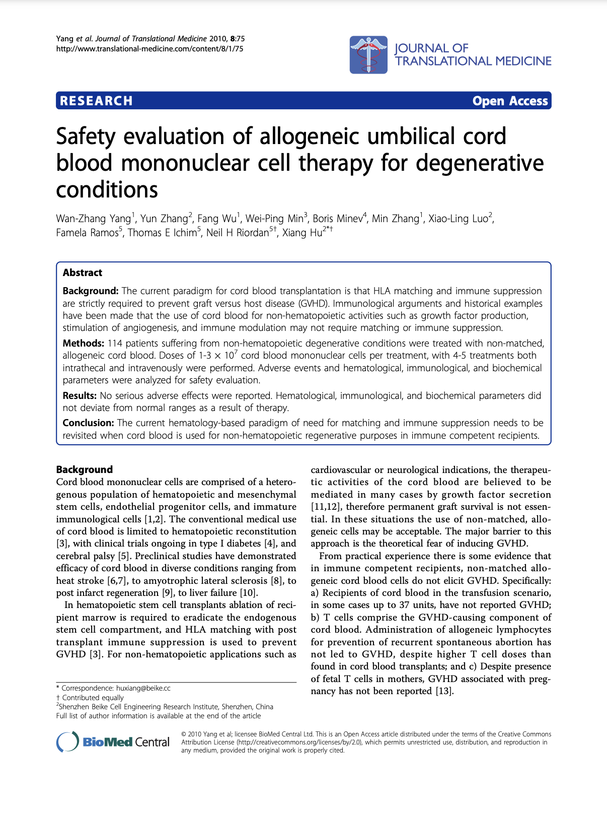 Safety Evaluation Of Allogeneic Umbilical Cord Blood Mononuclear Cell ...