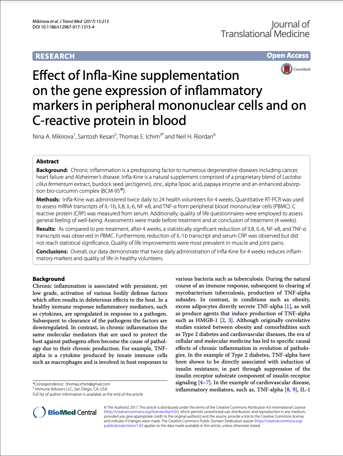 Effect Of Infla-Kine Supplementation On The Gene Expression Of ...